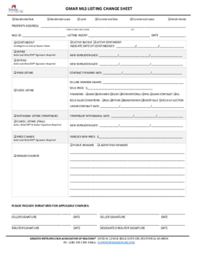 GMAR MLS: Listing Change Sheet | Greater Metropolitan Association of Realtors